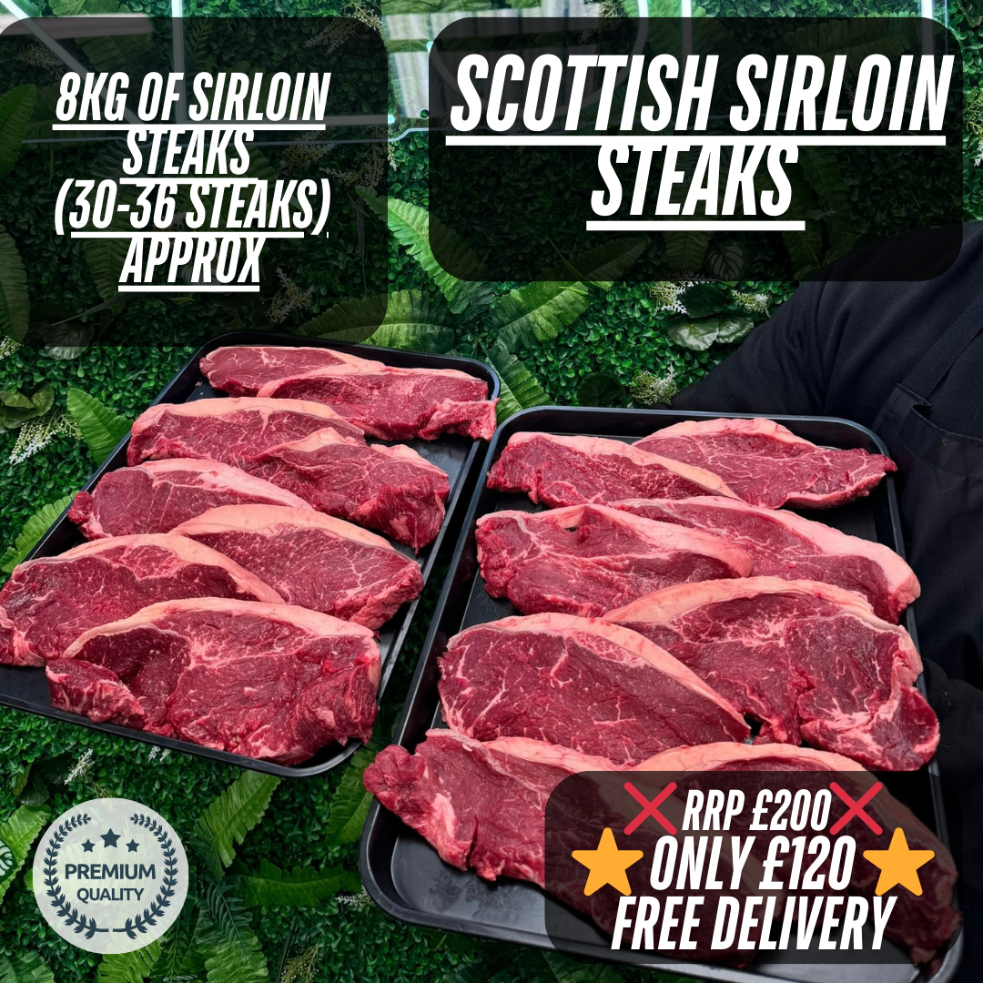 8KG Scottish Sirloin Steaks offer Plus FREE DELIVERY + EXTRA £10 OFF!